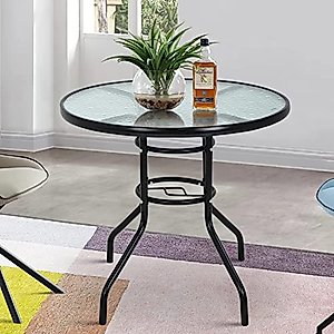 32" Patio Dining Table Round Bistro Table Outdoor Furniture Garden Table Patio Coffee with Tempered Glass Top Patio Glass Side Table for Backyard Lawn Balcony Pool, Black