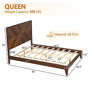Dolonm Queen Bed Frame, Mid-Century Modern Platform Bed with 50" High Headboard, Under Bed Storage, Wooden Bed Frame with Slat Support, No Box Spring Needed, Walnut