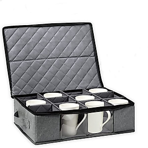Boczif Coffee Cup Storage Box, Storage Containers Holds 12 Glassware, Coffee Mugs and Tea Cups, Padded Dinnerware Case with Dividers, Handles, Zipper & Lid, Stackable Holders for Plate, Cup, Flatware