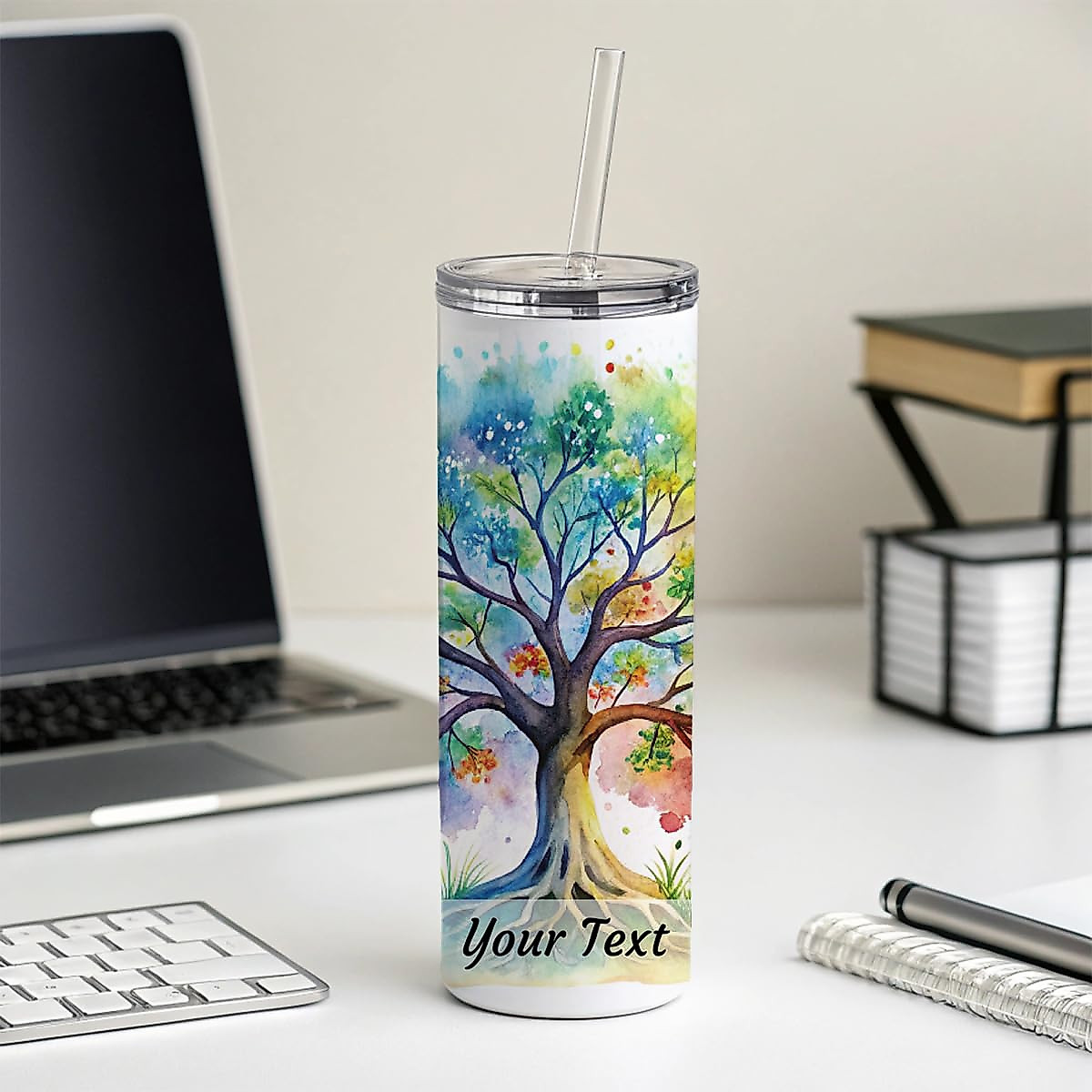 Personalized Custom Name Text Tree Of Life Rainbow Watercolor Skinny Tumbler 20oz with Straw Insulated Water Bottle Gift - 1 Line Horizontal