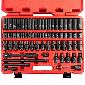 NEIKO 02471A Impact Socket Set, 3/8” Drive, 67 Piece, Metric and Standard Master Socket Set with Shallow & Deep Sockets, Ratchet, Swivel Sockets, Extension Bars, Adapters, Cr-V & Cr-Mo