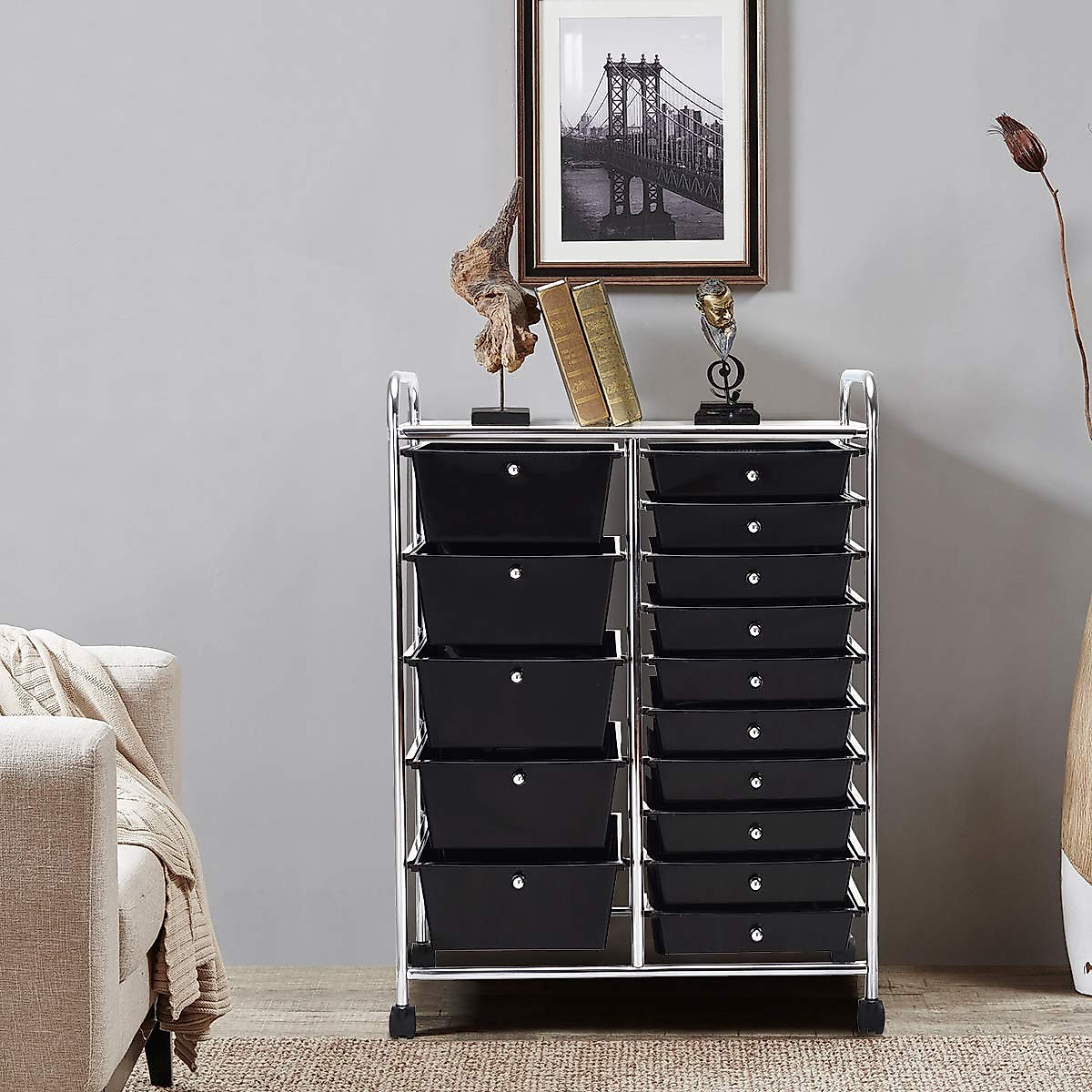 RELAX4LIFE Storage Drawer Carts W/15-Drawer,Rolling Wheels Semi-Transparent Multipurpose Mobile Rolling Utility Cart for School, Office, Home, Beauty Salon Storage Organizer Cart (Black)