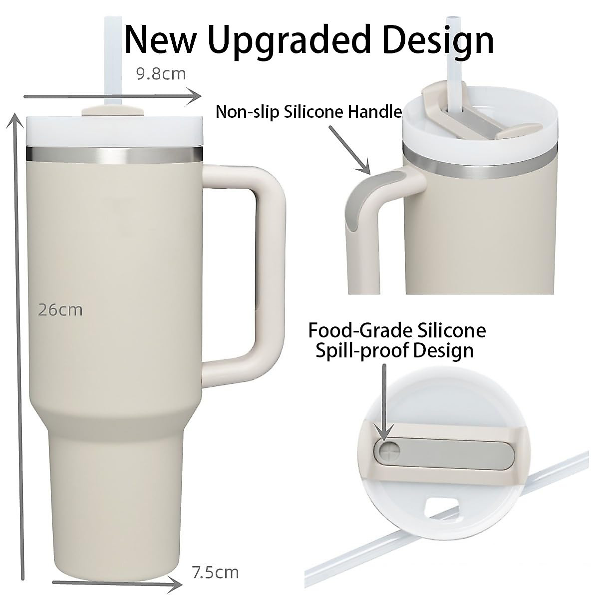 Buckshee 40 oz Tumbler With Handle and Straw Lid, Double Walled Vacuum Sealed Stainless Steel Insulated Travel mug, Travel Thermos for Hot and Cold Beverages (Creamy white)