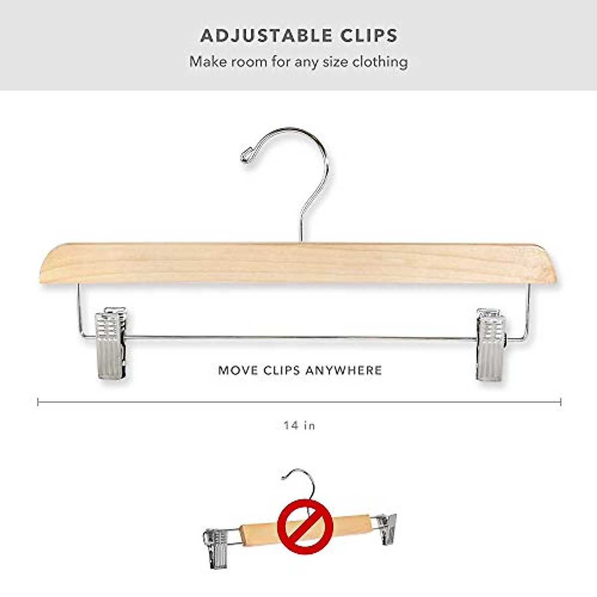 Farm House Collection Wooden Skirt Hangers, Adjustable Cushion Clips, Sturdy, 360 Degree Swivel Hook, 14" Long, Pants, Skirts, Slacks, Shorts (Natural Wood)