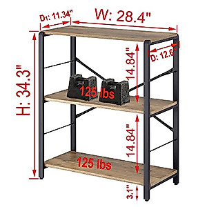 FOLUBAN Industrial Bookshelf, 3 Tier Open Book Shelf, Rustic Wood and Metal Shelving Unit for Living Room, Oak