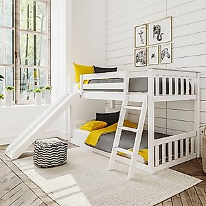 Max & Lily Twin Over Twin Low Bunk with Slide and Ladder, Wooden Bunk beds with 14” Safety Guardrail for Kids, Toddlers, Boys, Girls, Teens, Bedroom Furniture, White