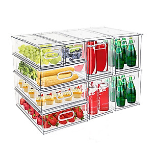 MineSign 9 Pack Stackable Fridge Organizer Drawer Pull-Out Bins with Handles Large Clear Food Container with Removable Dividers Refrigerator Storage box Divided Produce Saver for Pantry Kitchen