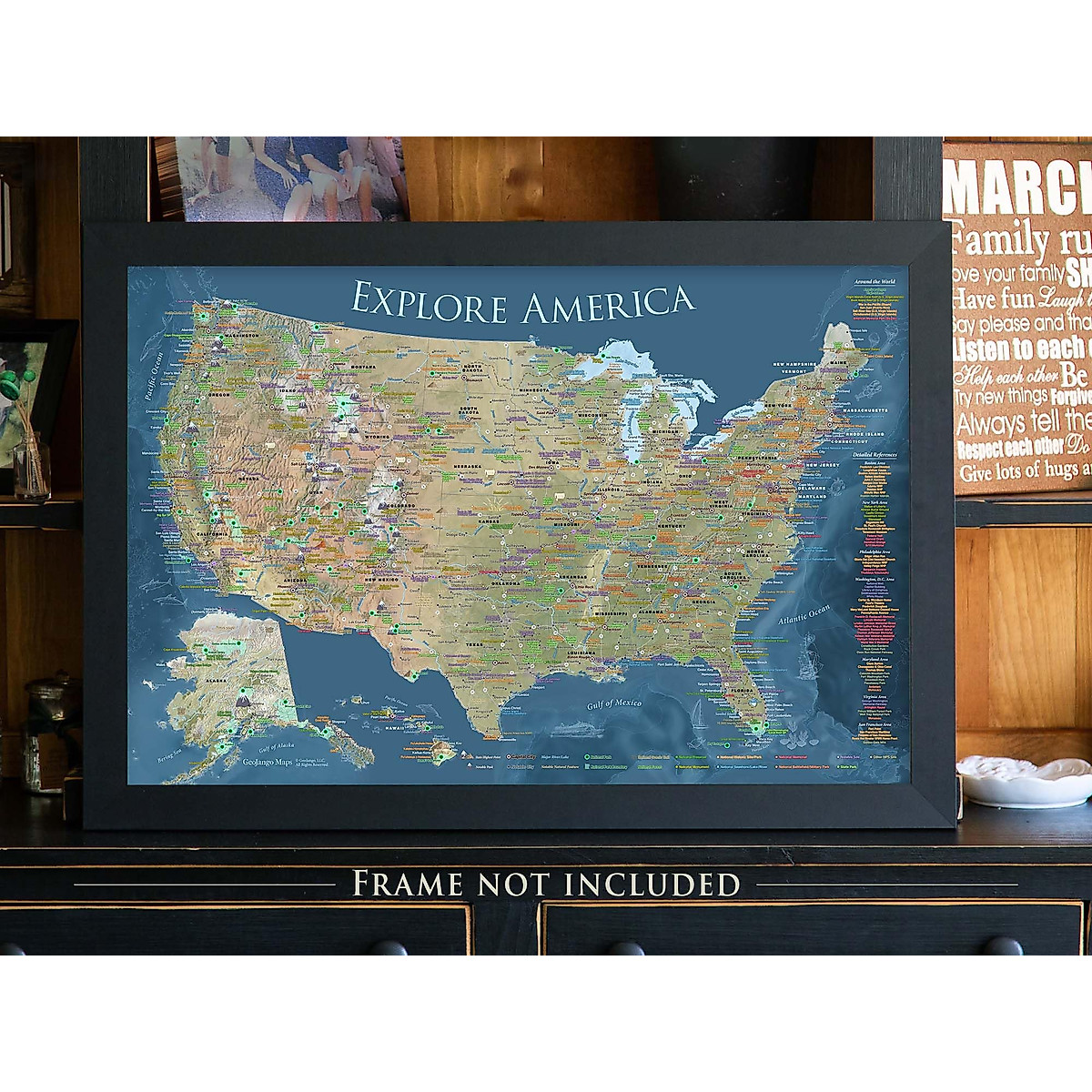 National Parks Poster Map with terrain and USA Interstates, All NPS Sites, Landmarks, Highest Peak by State Poster - 24x18 inch Map - Explore America - Voyager Edition