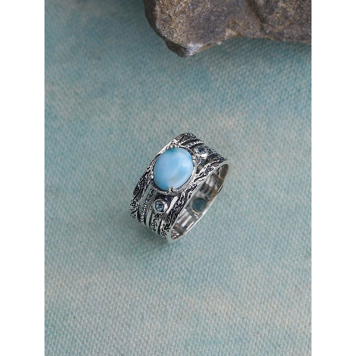 YoTreasure Larimar Swiss Blue Topaz 925 Sterling Silver Antique Three Stone Ring