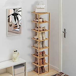 MoNiBloom 8 Tier Shoe Rack, Bamboo Narrow Vertical Single Pairs Shoe Storage Space Saving Tall Shoe Organizer for Small Spaces Corner Bedroom Entryway Balcony, Natural
