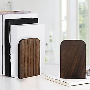 Xiaokeis 2Pcs Wood Book Ends,Decorative Bookends for Shelves,No Skid Black Walnut Book Holder for Home Office School,L-Shaped Bookend Perfect for Books/DVD's/CD'S/Video Games(Black Walnut)