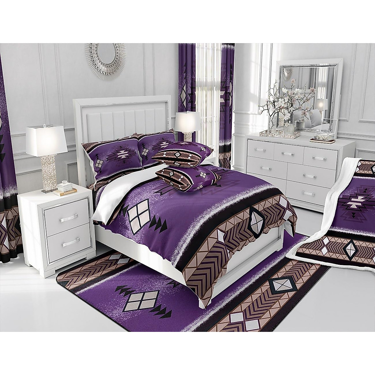 Manfei Aztec Comforter Set King Size, Native Tribal Navajo American Bedding Set 3pcs for Kids Boys Room Decor, Boho Abstract Geometric Quilt Set Soft Polyester Duvet Set with 2 Pillowcases