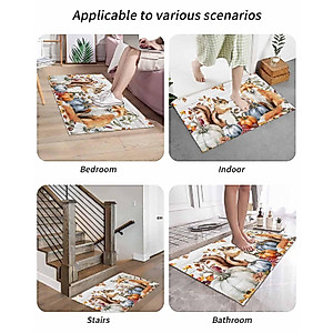 Fall Front Door Mat Outside Entrance, Thanksgiving Day Outdoor Indoor Low Profile Door Mats for Entryway, Funny Autumn Maple Leaves Pumpkin Squirrel Fox Welcome Mat Entry Doormats