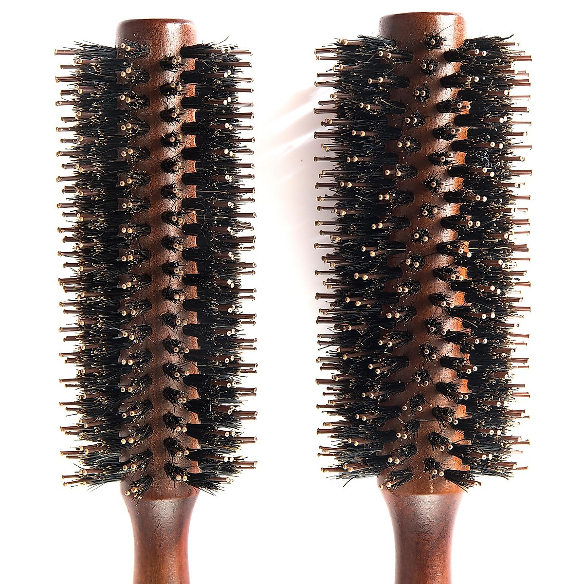 Boar Bristle Round Hair Brush Set with Nylon Pin, Wooden Handle for Straightening Curling Volumizing and Detangling (2 in 1)