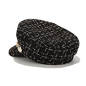 Women Plaid-Tweed Newsboy-Baker-Boy Hat Captain-Sailor Fisherman Hat Peaked-Beret with Chain Black