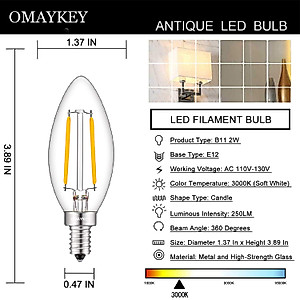 OMAYKEY 2W LED Candelabra Bulb 25W Equivalent 3000K Soft White 250LM, E12 Base LED Chandelier Light Bulbs, Vintage Edison Clear Glass B11 Candle Torpedo Shape, Non-dimmable, Pack of 10