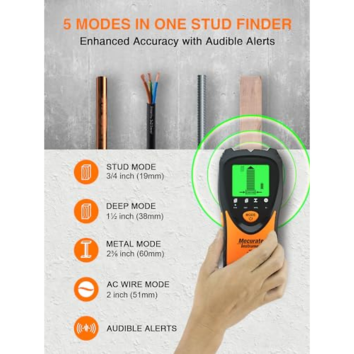 Mecurate Stud Finder Wall Scanner Sensor - 5 in 1 Electronic Stud with LCD Display & Audio Alarm for Wood AC Live Wire Metal Studs Detection Joist Pipe