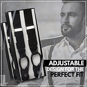 HOLD'EM Suspender for Men MADE IN USA – Y-Back Genuine Leather Trimmed Button End Non-Stretch Tuxedo Suspenders -Black