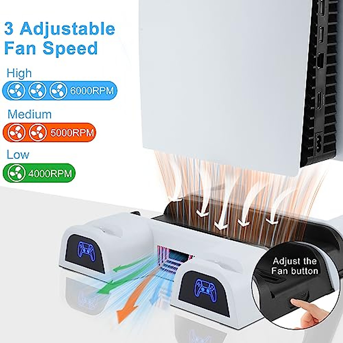 PS5 Stand and Cooling Station,Dual PS5 Controller Charger for PS5 Console,Remote Control 10 Game Solts 3-Level Cooling Fan Compatible with Platstation 5 Disc & Digital Editions