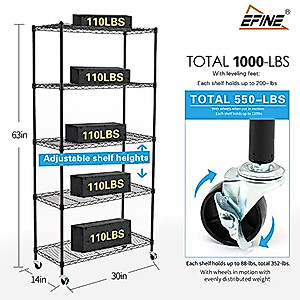 5-Shelf Shelving Units and Storage on Wheels with 5-Shelf Liners, NSF Certified, Adjustable Carbon Steel Wire Shelving Unit Rack for Garage, Kitchen, Office, Black (63H X 30W X 14D)