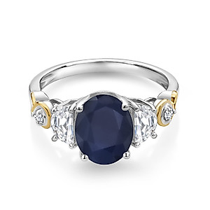 925 Silver and 10K Yellow Gold Oval Blue Sapphire White Moissanite and Lab Grown Diamond 3-Stone Wedding Engagement Anniversary Promise Ring For Women (2.70 Cttw, Available In Size 5, 6, 7, 8, 9)