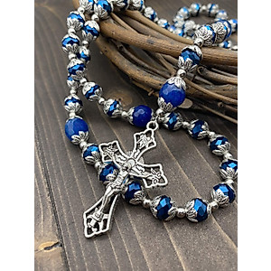 Nazareth Store Deep Blue Crystal Beads Rosary Blue Agate Glory Stone Beaded Necklace Miraculous Medal & Cross Crucifix Religious Rosaries Collection