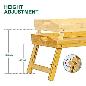 Bed Tray Table for Eating - Bamboo Breakfast Food Table with Phone Tablet Holder - Adjustable Height Serving Tray with Folding Legs on Lap Sofa - Portable Laptop Snack Platter for Bedroom Picnic