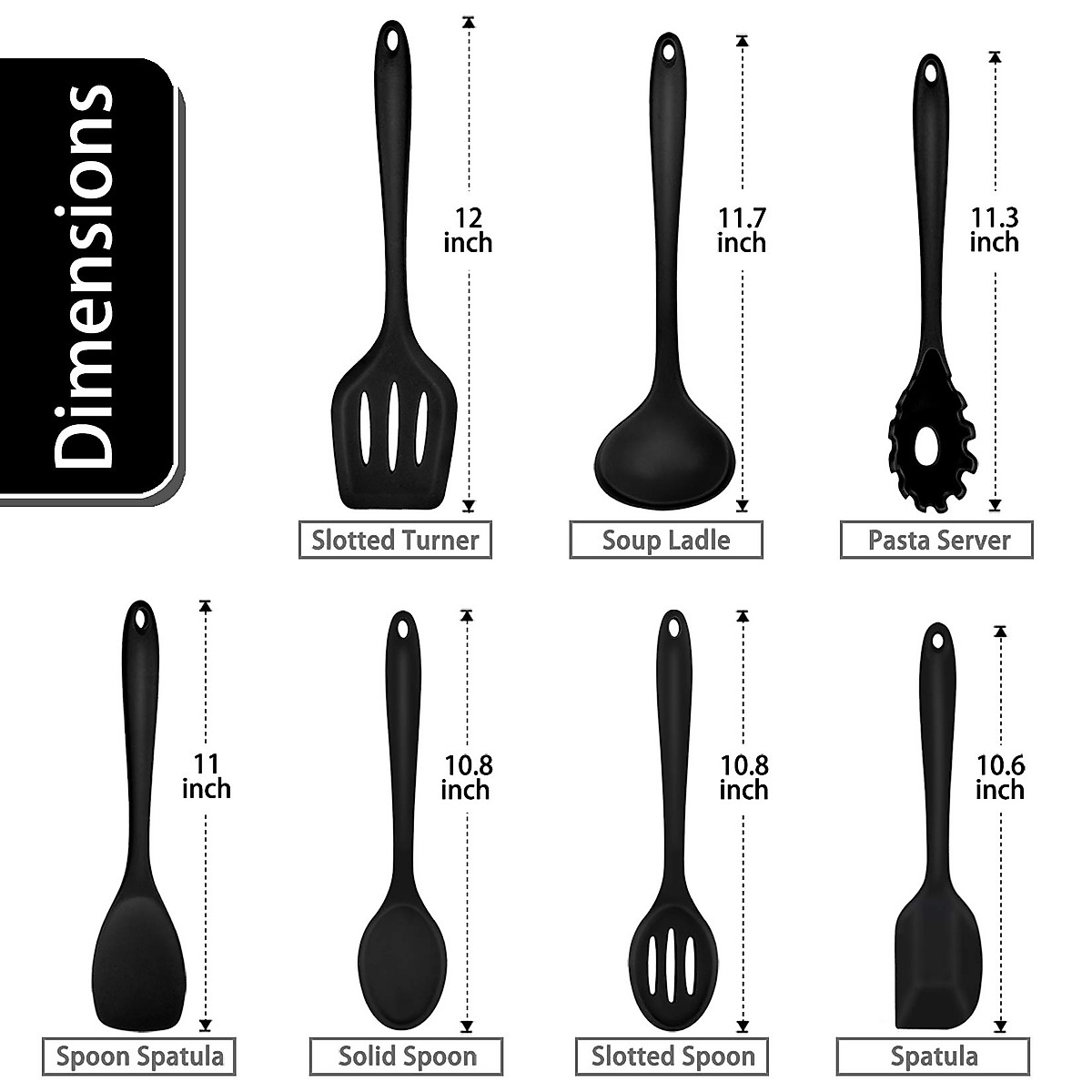 Kitchen Cooking Utensils Set of 7, P&P CHEF Heat-proof Cooking Utensil Kitchen Spatula for Nonstick Cookware Cooking Serving, Slotted Turner, Soup Ladle, Spatula, Pasta Server, Spoon - Black