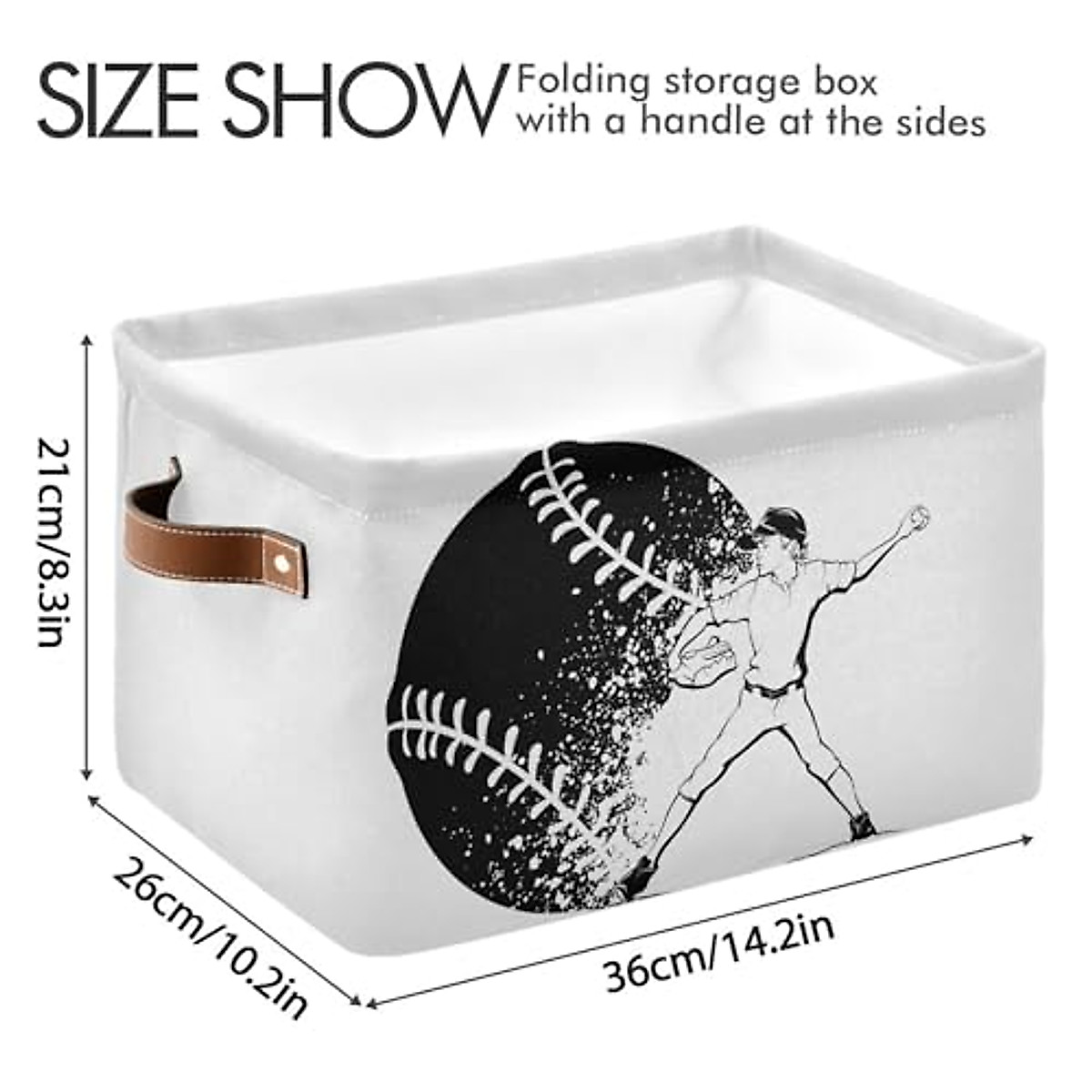 Sletend Baseball Sport Rectangular Storage Bin Foldable Sturdy Organizer Basket with Leather Handles for Organizing Home Office Nursery-1Pack