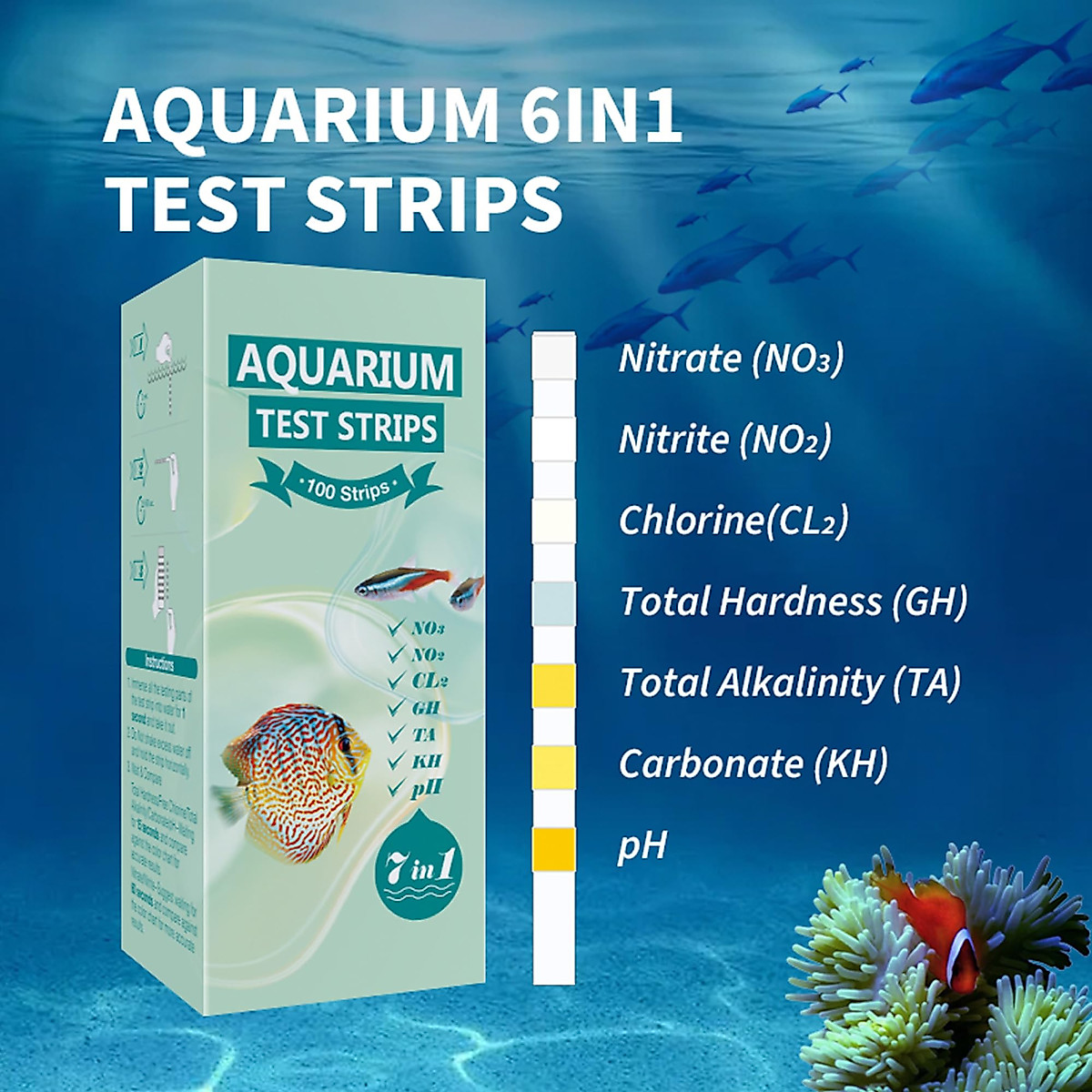 SpringSmart 7 in 1 Aquarium Test Strips Kit - 100 Strips Use for Freshwater Fish Tank, Fish Pond, Accurate & Fast Testing pH/Nitrite/Nitrate/Chlorine/Carbonate/Total Alkalinity/Hardness