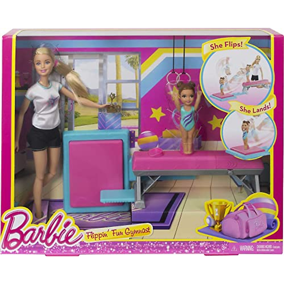 Barbie Gymnastic Dolls & Accessories, Flippin' Fun Gymnast Playset with 2 Dolls, Balance Beam & Flipping Dismount Action