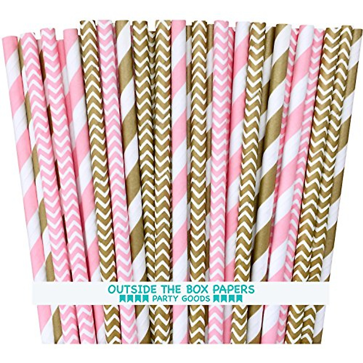 Outside the Box Papers Gold and Pink Stripe and Chevron Paper Straws 7.75 Inches 100 Pack Gold, Pink, White