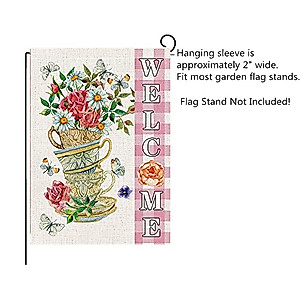Welcome Flower Garden Flags, Spring Buffalo Plaid Vertical Double Sized Burlap Flag for House Yard Outdoor Decor 12.5 x 18 Inch