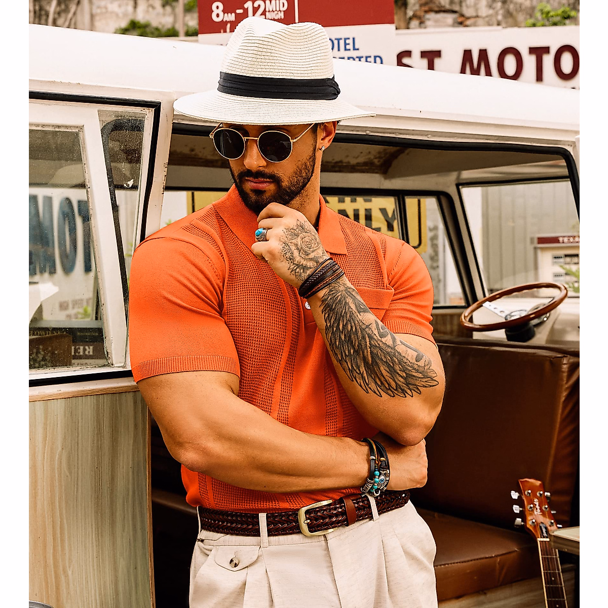 GRACE KARIN Men's Textured Knitted Bowling Polo Shirt Classic Short Sleeve Golf Shirts for Summer Orange L