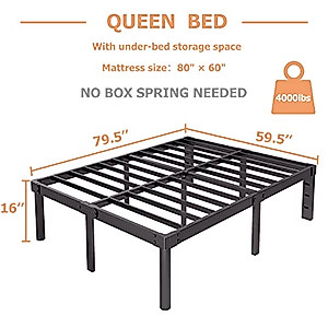 FDLOGW Queen Bed Frame, 16 Inch Queen-Size Bed Frames with Round-Corner Leg, Heavy Duty Steel Slat Mattress Foundation, Easy Assembly, Noise-Free, No Box Spring Needed