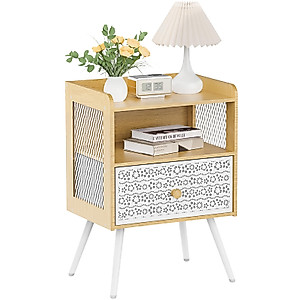 Nightstand, Bedside Table with Metal Drawers, End Table with Open Shelf, 2-Tier Open Adjustable Metal Floral Drawer Night Stand for Sofa Side Table, Bedroom Bedside Table, Maple White
