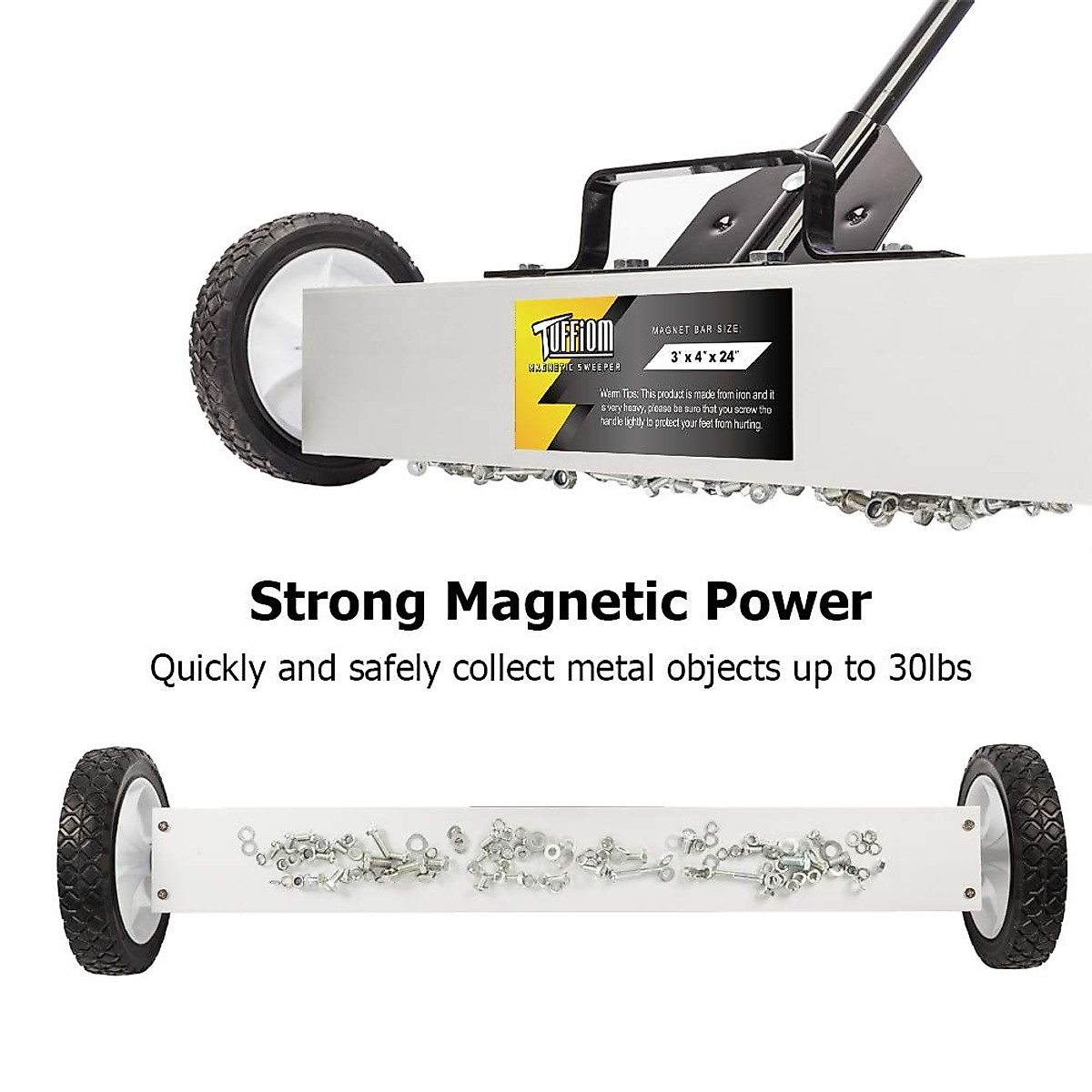 TUFFIOM 24-Inch Rolling Magnetic Pick-Up Sweeper | 30-LBS Capacity, with Quick Release Latch & Adjustable Long Handle, for Nails Needles Screws Collection