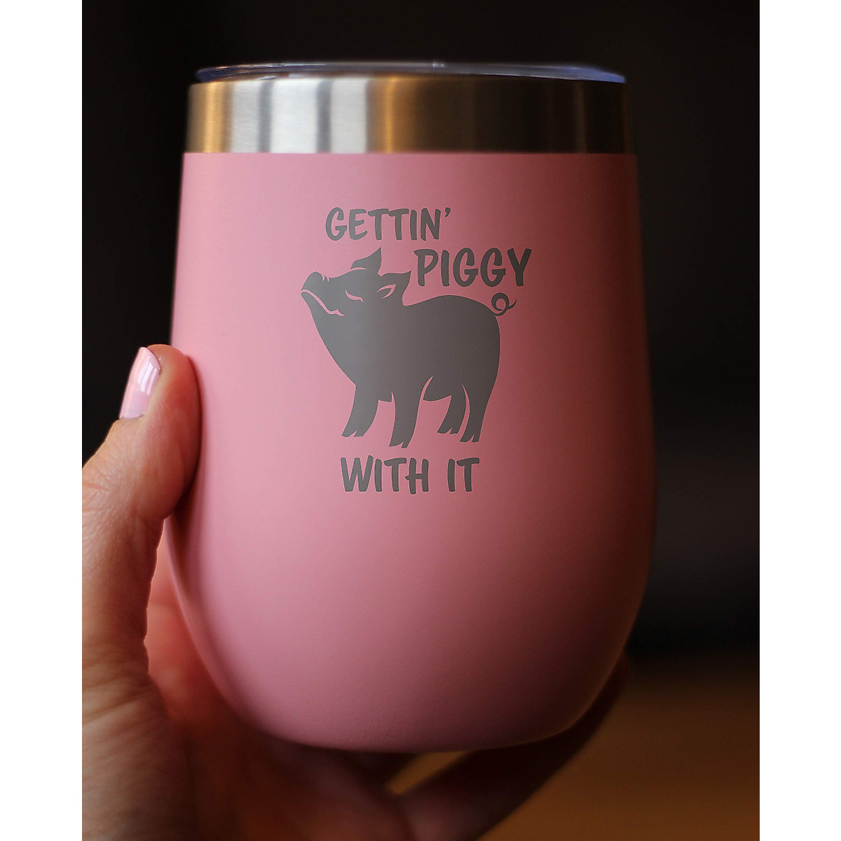 Bevvee Gettin Piggy - Wine Tumbler Glass with Sliding Lid - Stainless Steel Insulated Mug - Cute Pig Decor Gifts - Pink