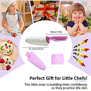 Kids Knife for Real Cooking, Montessori Children's Knife with Firm Grip, Stainless Steel Kids Safety Chef Knife with Finger Guard, Round Tip, Serrated Edges, BPA-Free (Purple)