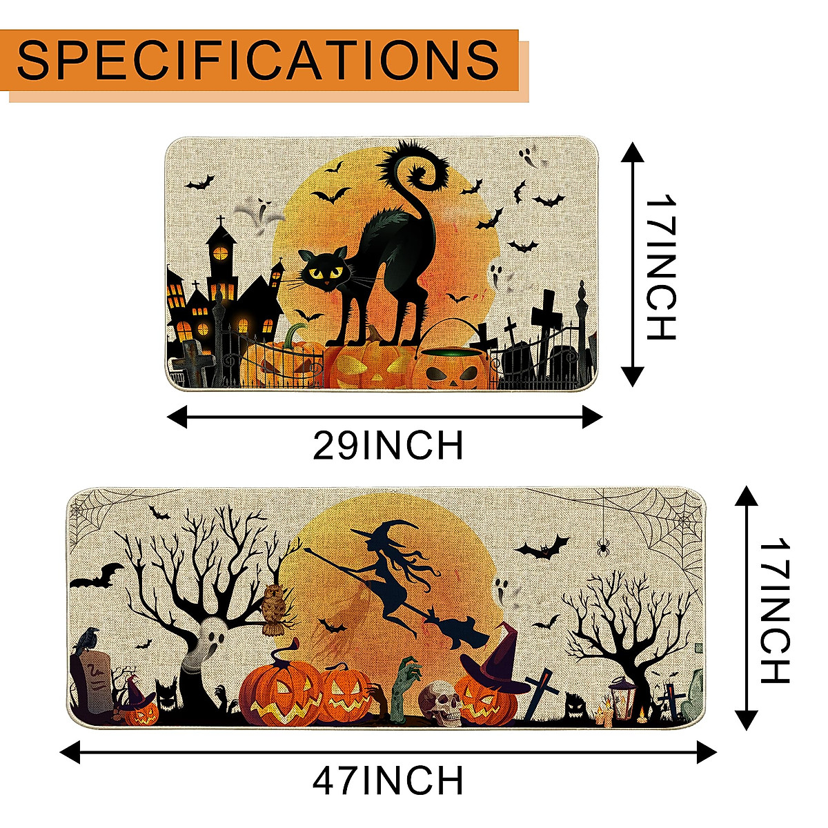 Hexagram Halloween Kitchen Mats Rugs, Halloween Kitchen Decor, Halloween Decorations Indoor Kitchen, Kitchen Rugs Non Skid Washable Set of 2, 17x29 & 17x47 Inch