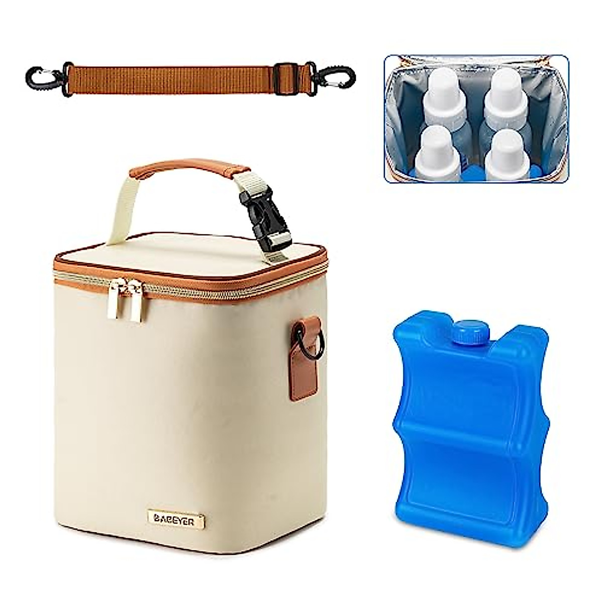 BABEYER Breast Milk Cooler Bag with Ice Pack Fits 4 Baby Bottles Up to 9 Ounce, Baby Bottle Bag with Shoulder Strap for Nursing Mom Daycare, Cream