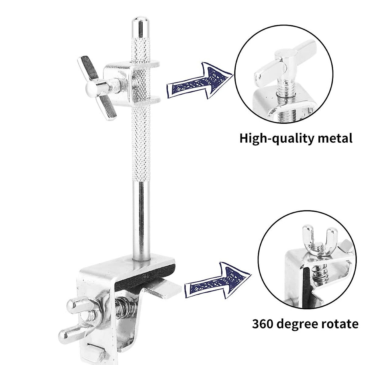 Cowbell Clamp, Drum Jazz Mounting Bracket Drummer Hoop Mounted Clamping Jaws Adjustable Height Angle Rod Arm Standard Holder Kit Tambourine Bass Set Percussion Musical Instrument Accessories Up Down
