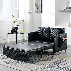 Lin-Utrend 46" Convertible Sleeper Sofa Bed, Modern Loveseat Couch with Pull Out Bed, Small Love Seat Futon Sofa Bed with Headboard, 2 Pillows Side Pockets for Living Room Apartment (Black)