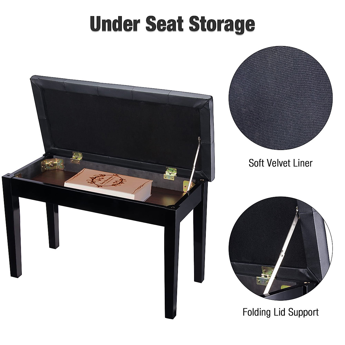 AW Piano Bench Stool Dual Leather Padded Keyboard Organ Duet Chair Seat Double Throne Storage Capacity 400 lbs 29.3x13.3x19 Black