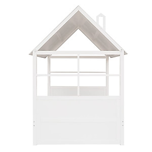 BIADNBZ Full Size House Bed with Twin Trundle, Wooden Platform BedFrame Daybed w/Roof&Window for Kids Boys Girls Bedroom, White