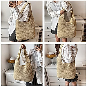QTKJ Hand-woven Soft Large Straw Shoulder Bag Boho Straw Handle Tote Retro Summer Beach Bag Rattan Handbag (Beige)