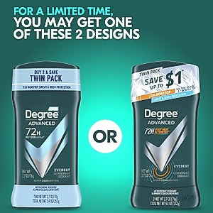 Degree Men Advanced Antiperspirant Deodorant Everest 2 Count 72-Hour Sweat and Odor Protection Antiperspirant For Men With Body Heat Activated Technology 2.7 oz