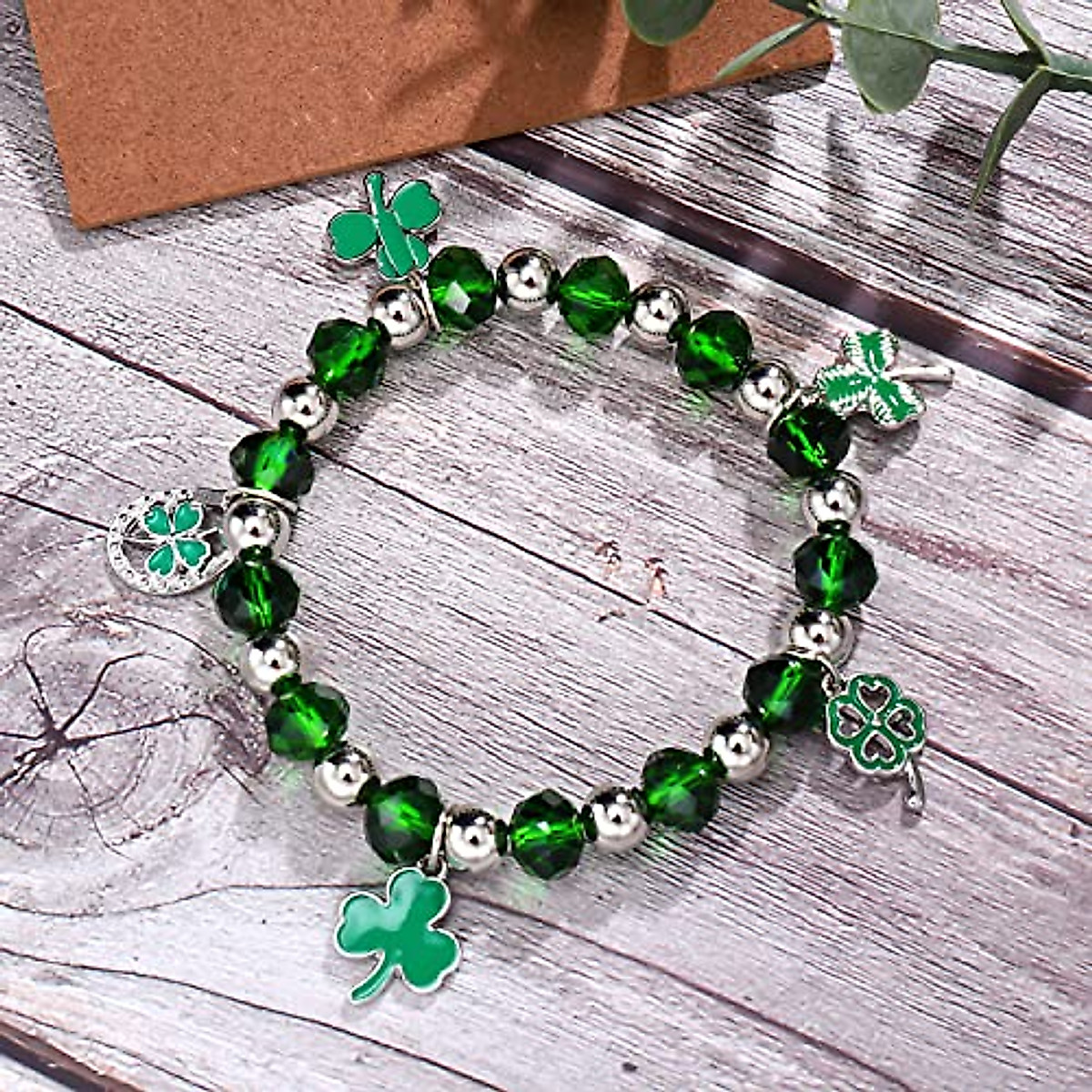 PHALIN St.Patrick’s Day Bracelets Lucky Leaf Shamrock Charm Bracelet for Women Girls Green Beaded Stretch Bracelet Festive Costume Party Accessory Gifts, crystal