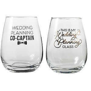 Artisan Owl Wedding Planning and Co-Captain Wine Glass Set - Bride Squad Team Big Day Married - Large 17oz Stemless Wine Glasses