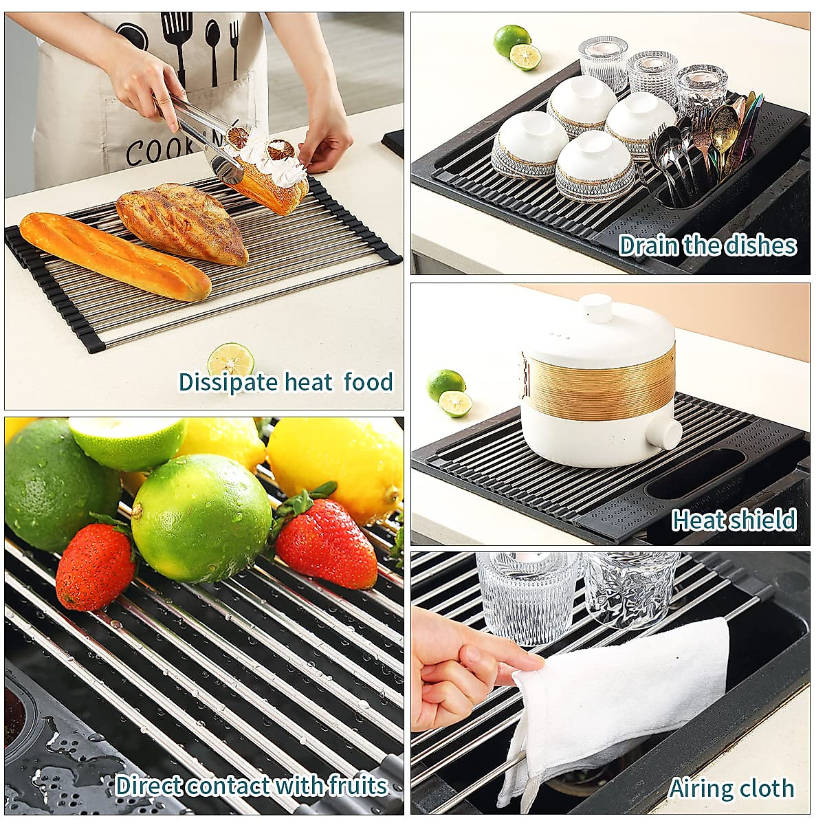 Berglander Gold Dish Drying Rack Over The Sink, L17.5*W 15" Rollable Tianium Golden Plating Stainless Steel Dish Rack with Removable Storage Basket, Perfect for Kitchen Sink